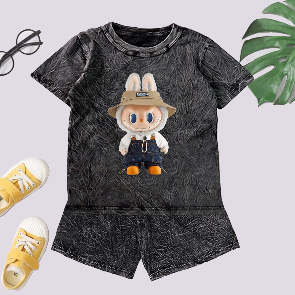 Jual Baju Anak Stelan Usia 2-11 Tahun 3/4 STONE WASH Cowok Cewek Celana Pendek Harian Labubu The ...