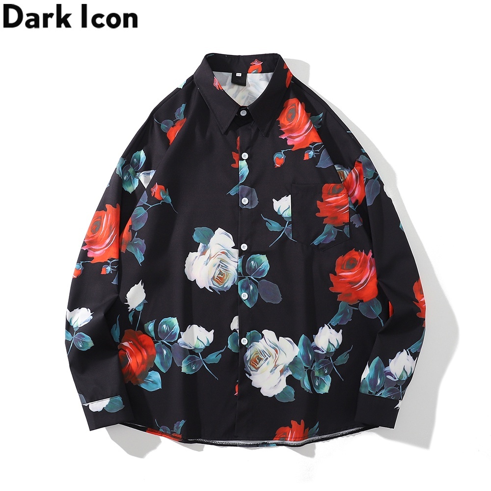Jual Dark Icon Kemeja Floral Pria Lengan Panjang Kemeja Pantai Hitam ...