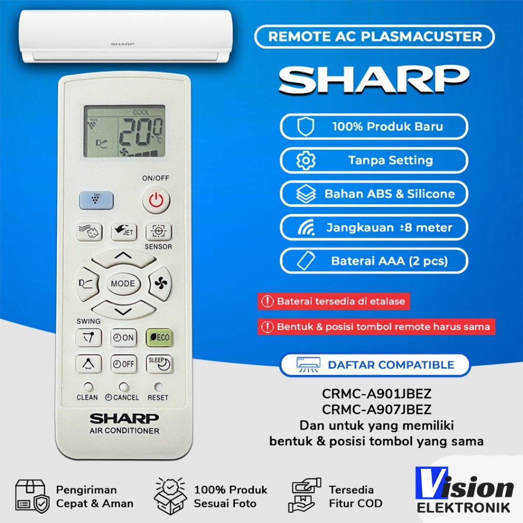 Jual Remote / Remot AC Sharp Ion Plasmacluster Eco CRMC-A901JBEZ / CRMC ...