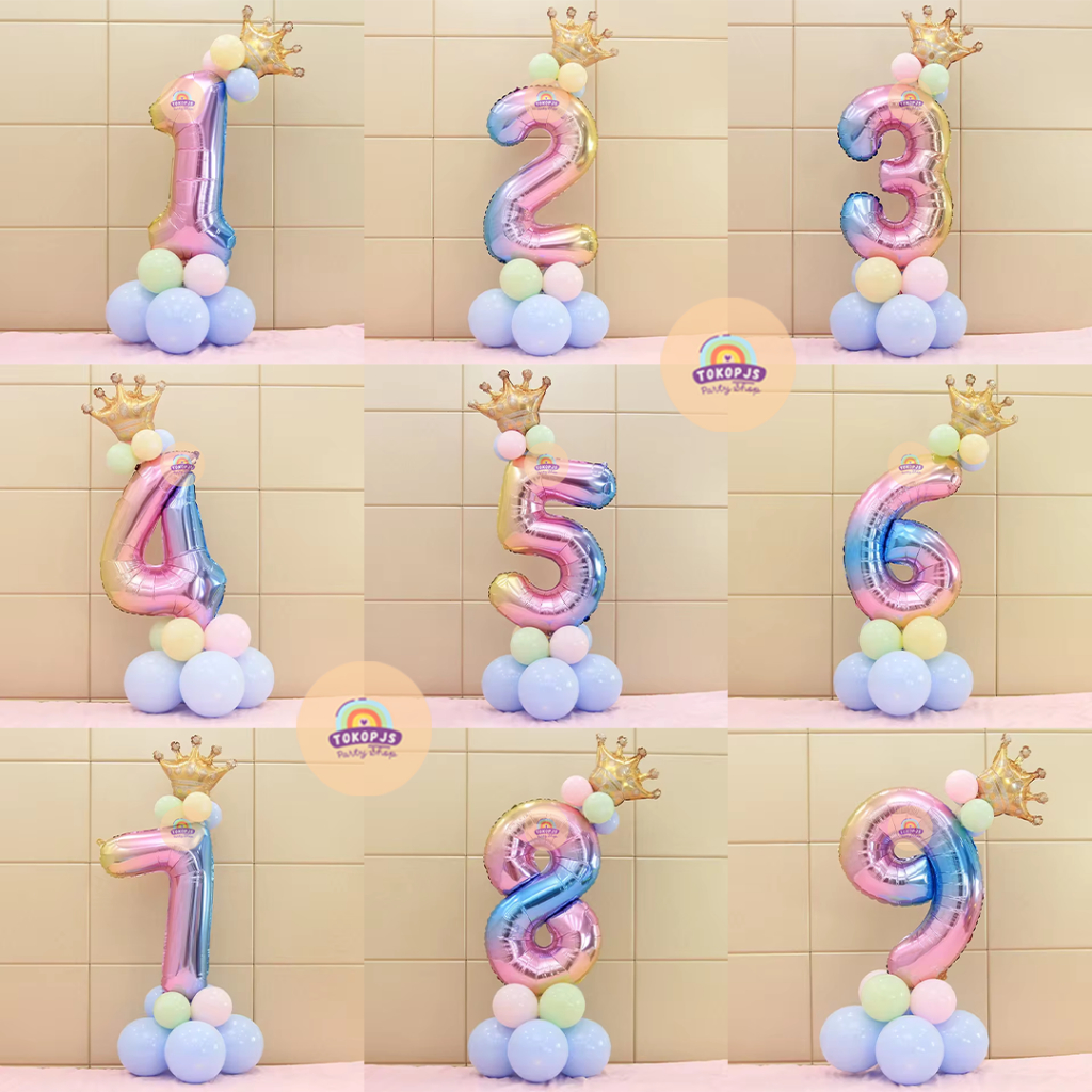 Jual Paket Standing Angka Balon Ulang Tahun Full Pastel Rainbow Mahkota ...