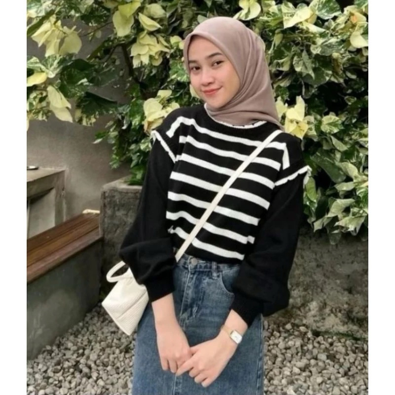 Jual Atasan Knit Wanita Lengan Balon Lengan Panjang / Atasan Basic Korean Spandeks Rajut Motif ...