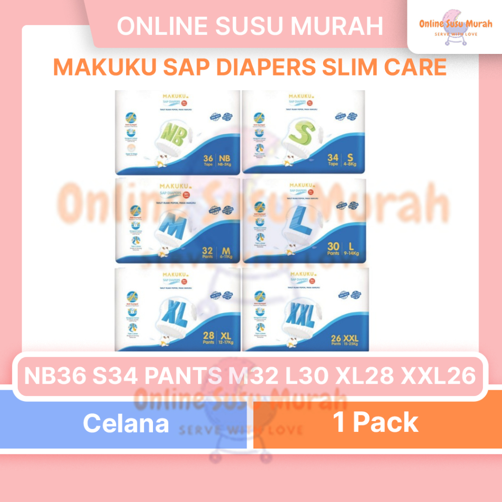 Jual MAKUKU SAP DIAPERS SLIM CARE TAPE NB 36 S 34 PANTS M 32 L 30 XL 28 ...