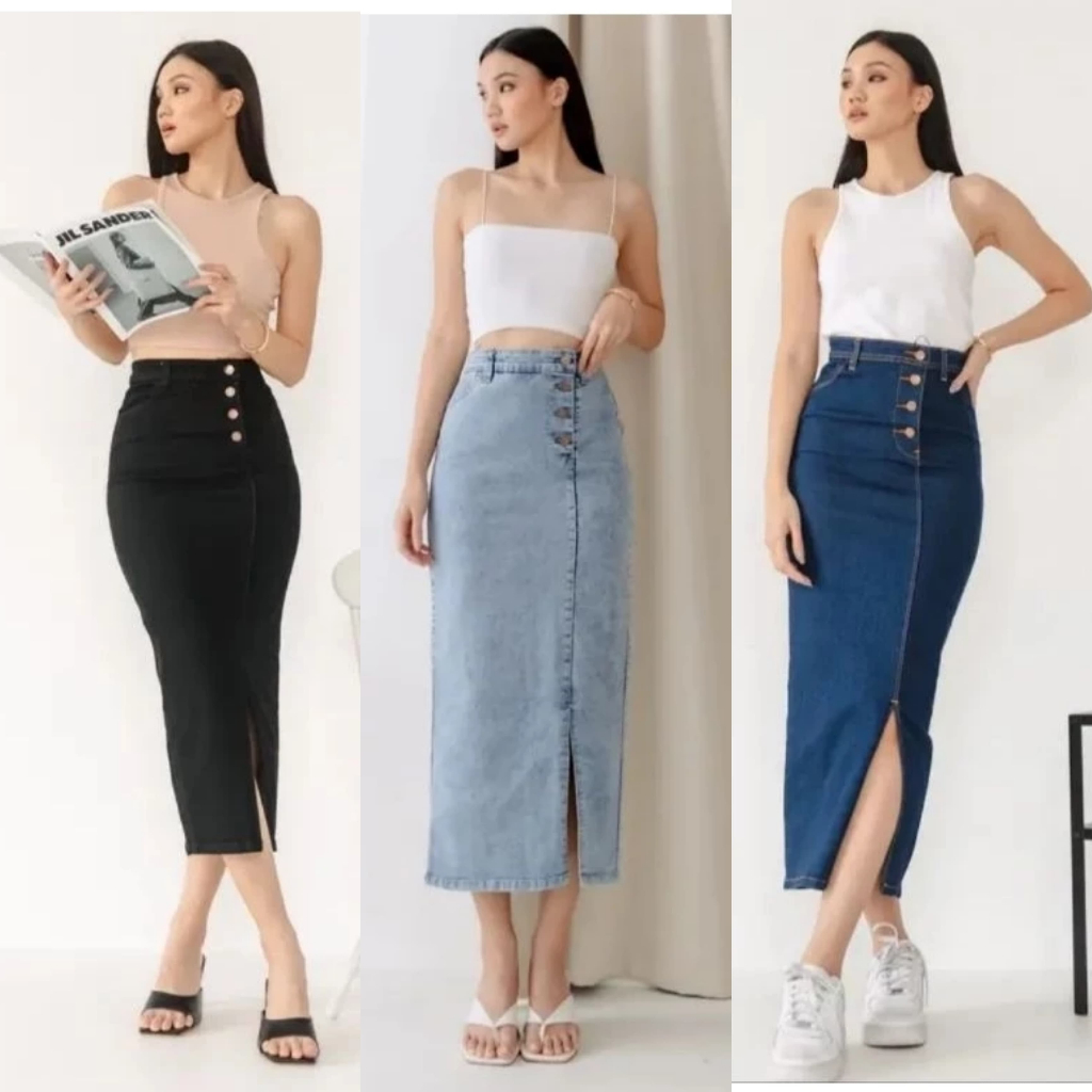 Jual COD||Rok Jeans Panjang Wanita Doremi Jumbo Stretch / Rok Span ...