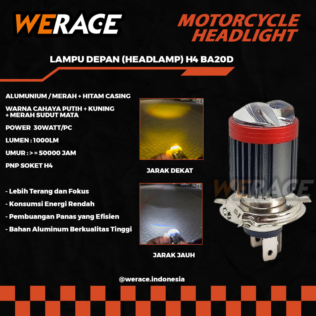 Jual WERACE Lampu Depan Headlamp H4 BA20D LED 30watt | Shopee Indonesia
