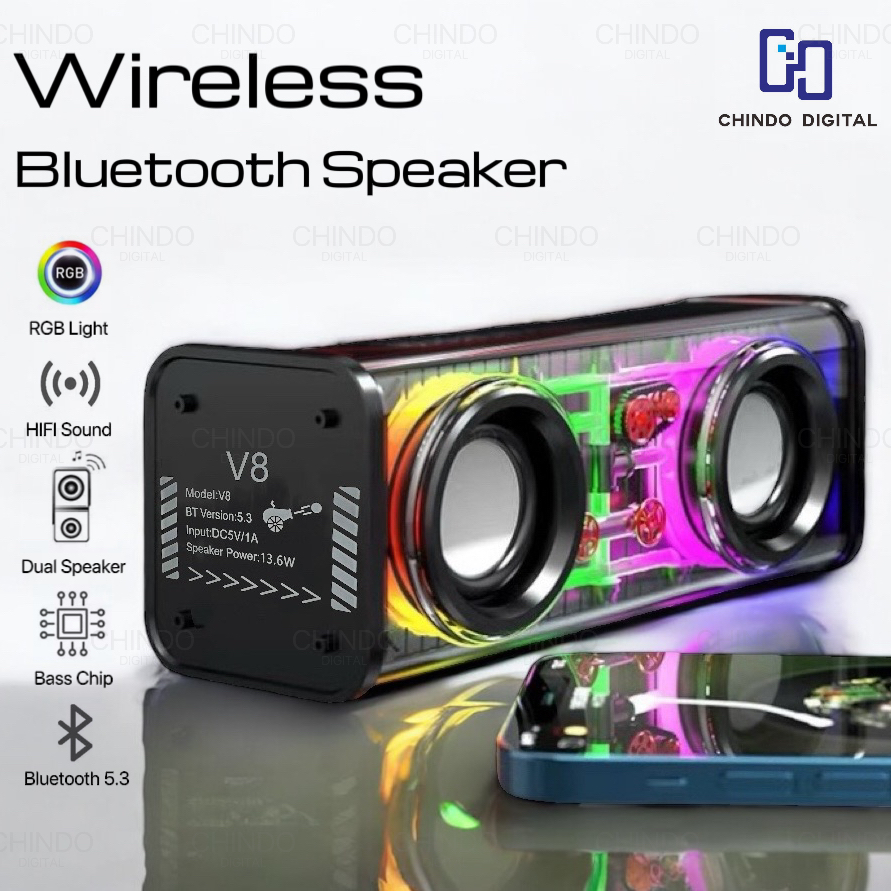 Jual [CDOS] V8 Speaker Bluetooth RGB LED Transparant Double Speaker ...