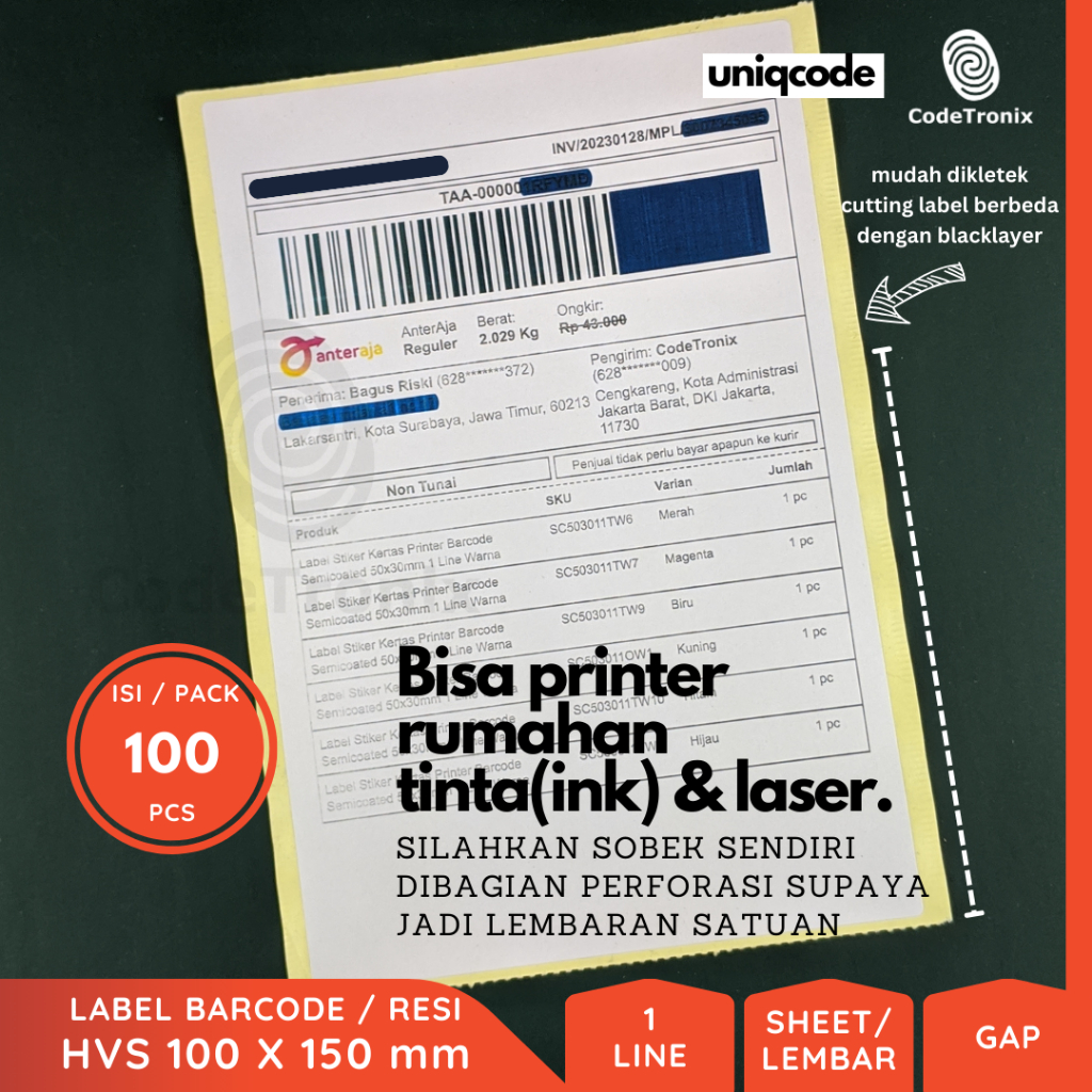 Jual Uniqcode Label HVS 100x150 Resi A6 Pengiriman Paket 100pcs ...