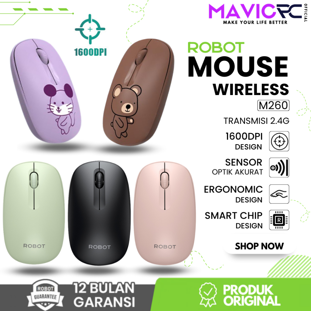 Jual ROBOT M260 Mouse Wireless 2.4G Optical USB Mouse Ergonomis Design 1600DPI For PC Laptop ...