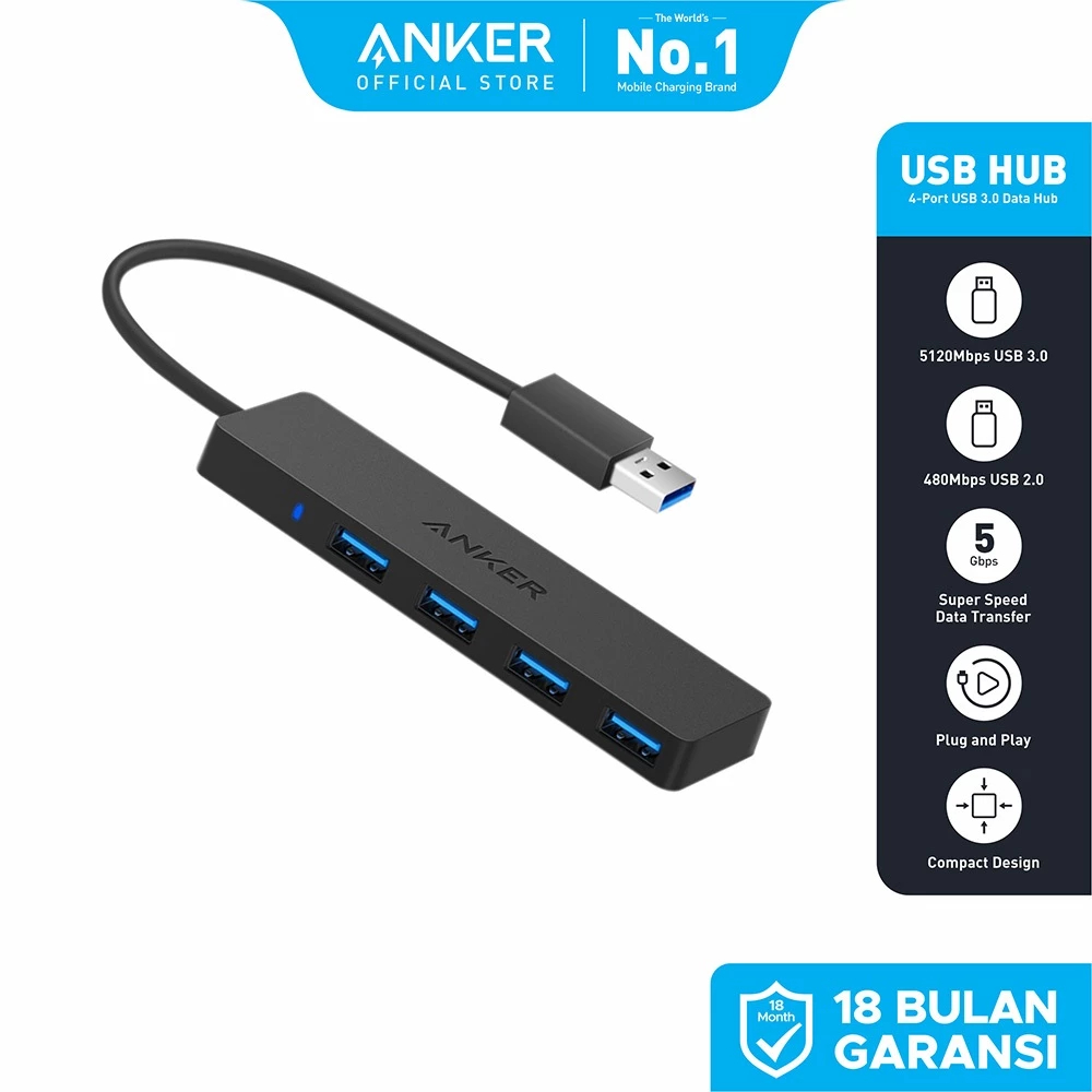 Jual USB Hub Anker 4-Port USB 3.0 Ultra Slim - A7516 | Shopee Indonesia