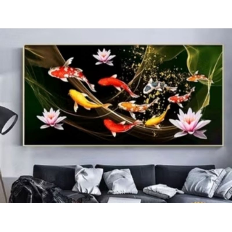 Jual lukisan ikan koi 80x150 plus frame lukisan kanvas lukisan dinding ...