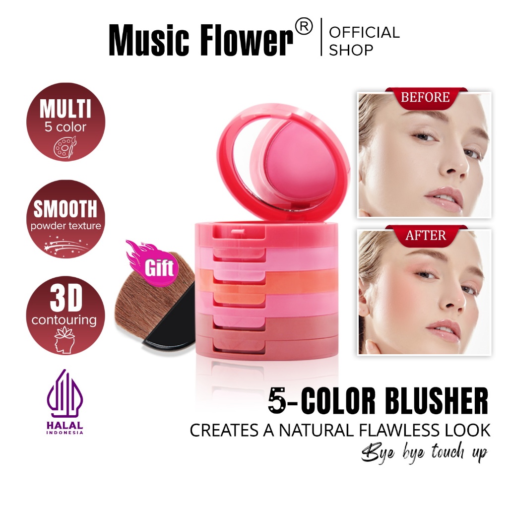 Jual Music Flower 5-Color Blusher Natural Flawless Look Blush On Lembut ...