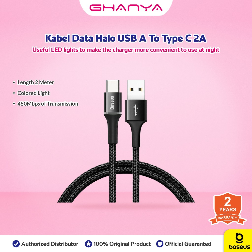 Jual Baseus Kabel Data Halo USB to TYPE C 2A 2M 2 Meter Cable Original ...