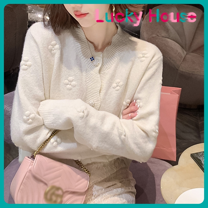 Jual Cardigan Wanita Rajut Korea Bunga Timbul Bunga Polos Crew Neck ...