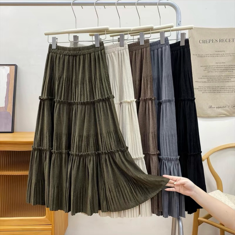 Jual Rok Plisket Bludru Panjang / Rok Ruffle Susun 3 Tingkat / Rok ...