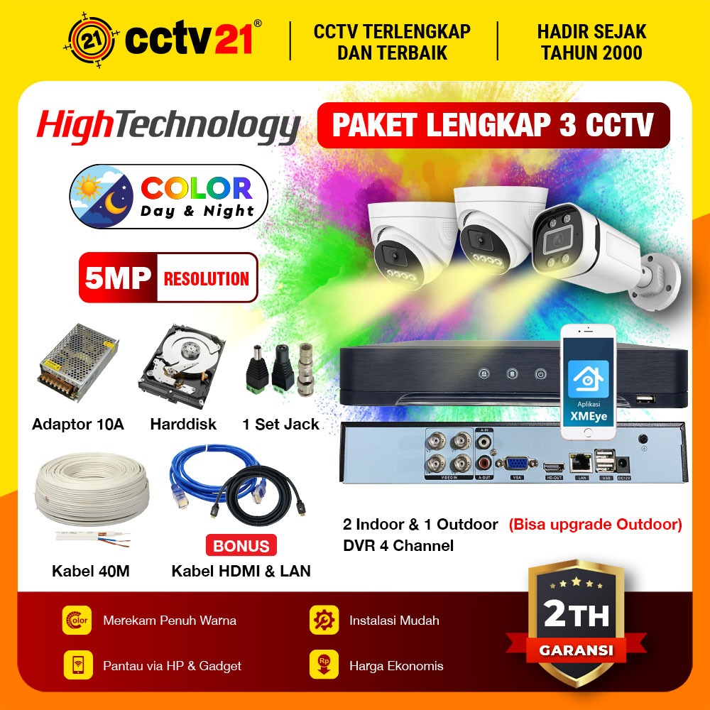 Jual Paket Lengkap CCTV 3 Channel Camera Colorvu Real 5MP High ...