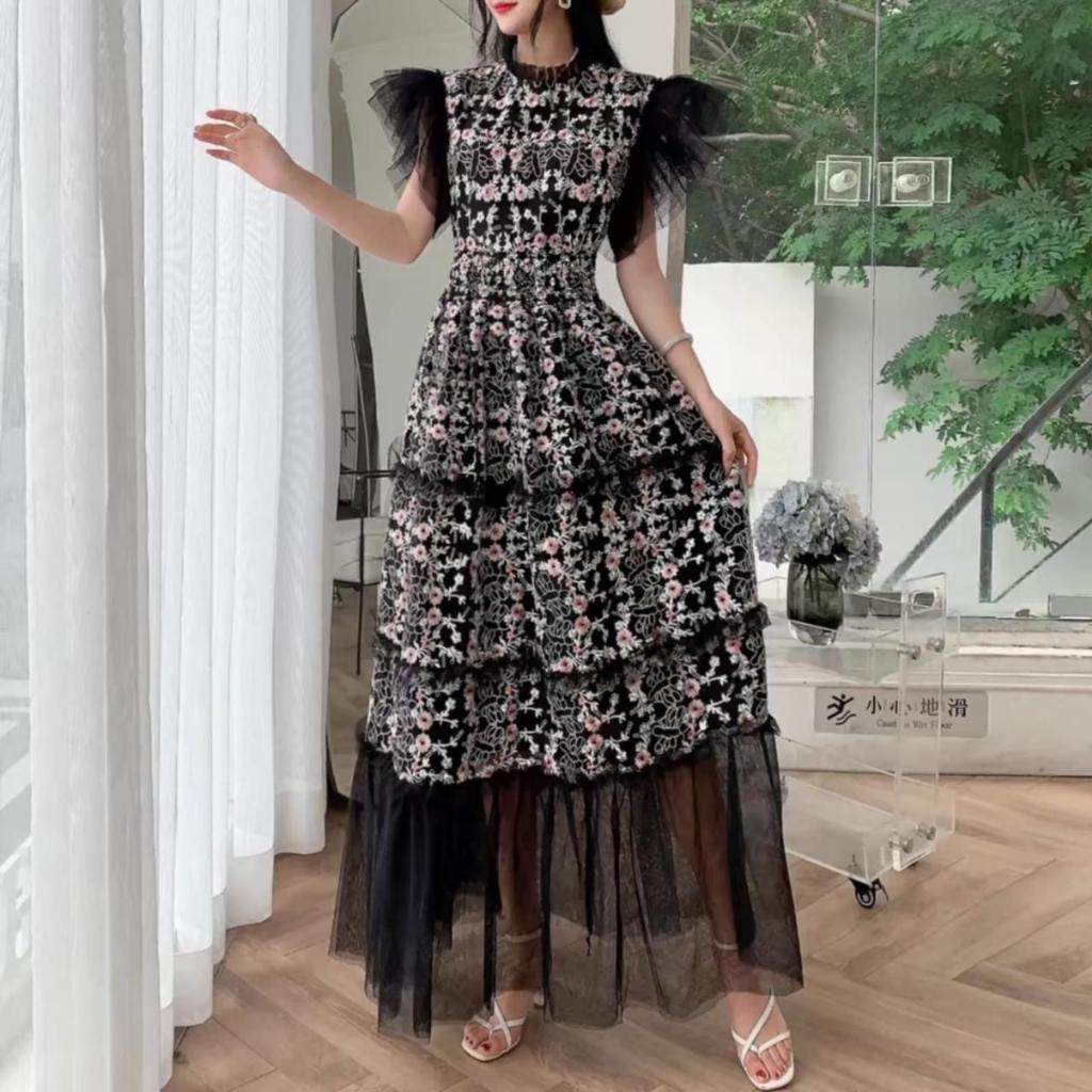 Jual TM 13202 Maxi Dress CAMEROON Embroidery Mesh Tiered Import ...