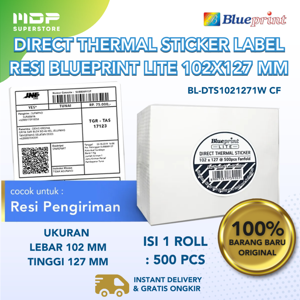 Jual Direct Thermal Sticker Label Resi BLUEPRINT Lite 102x127 mm (DTS1021271W CF (ISI 500PCS ...