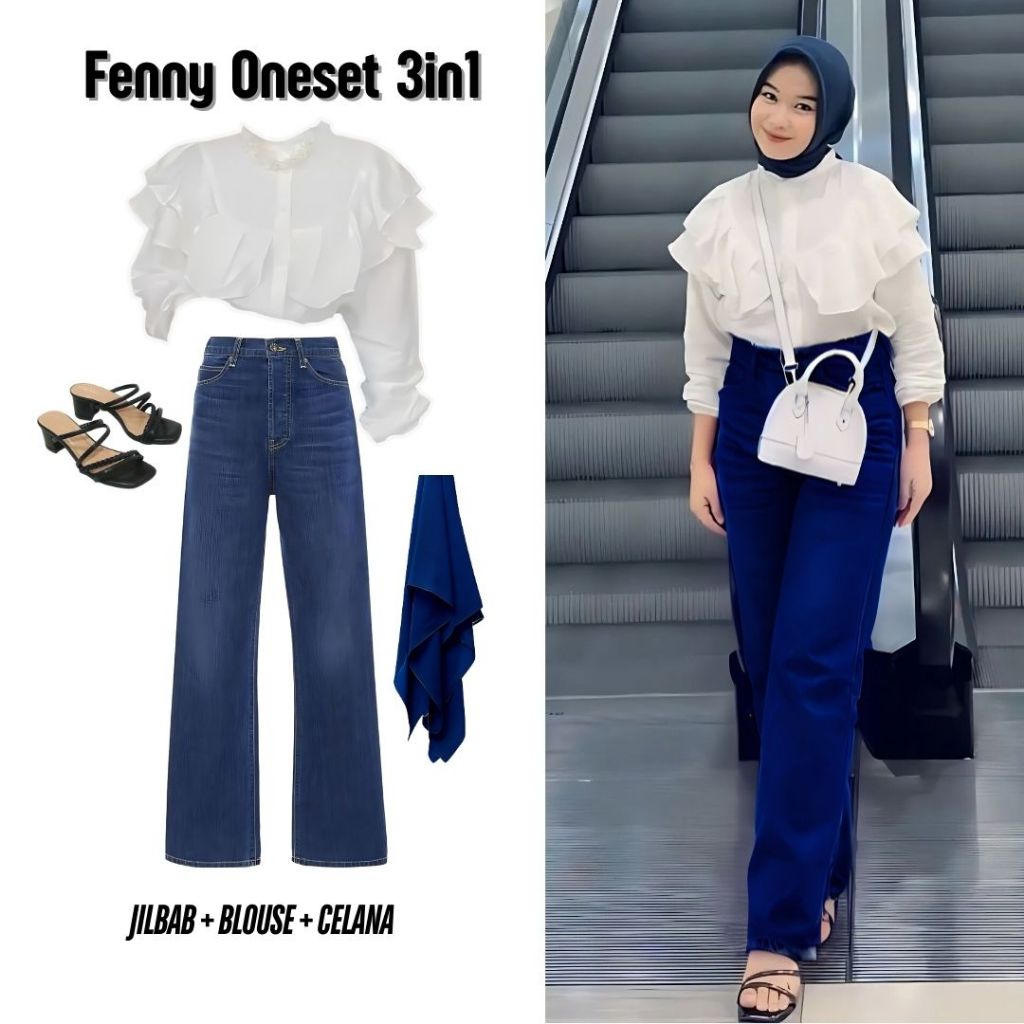 Jual One set 3in1 baju atasan blouse ruffle rempel putih celana highwaist kulot cullote denim ...