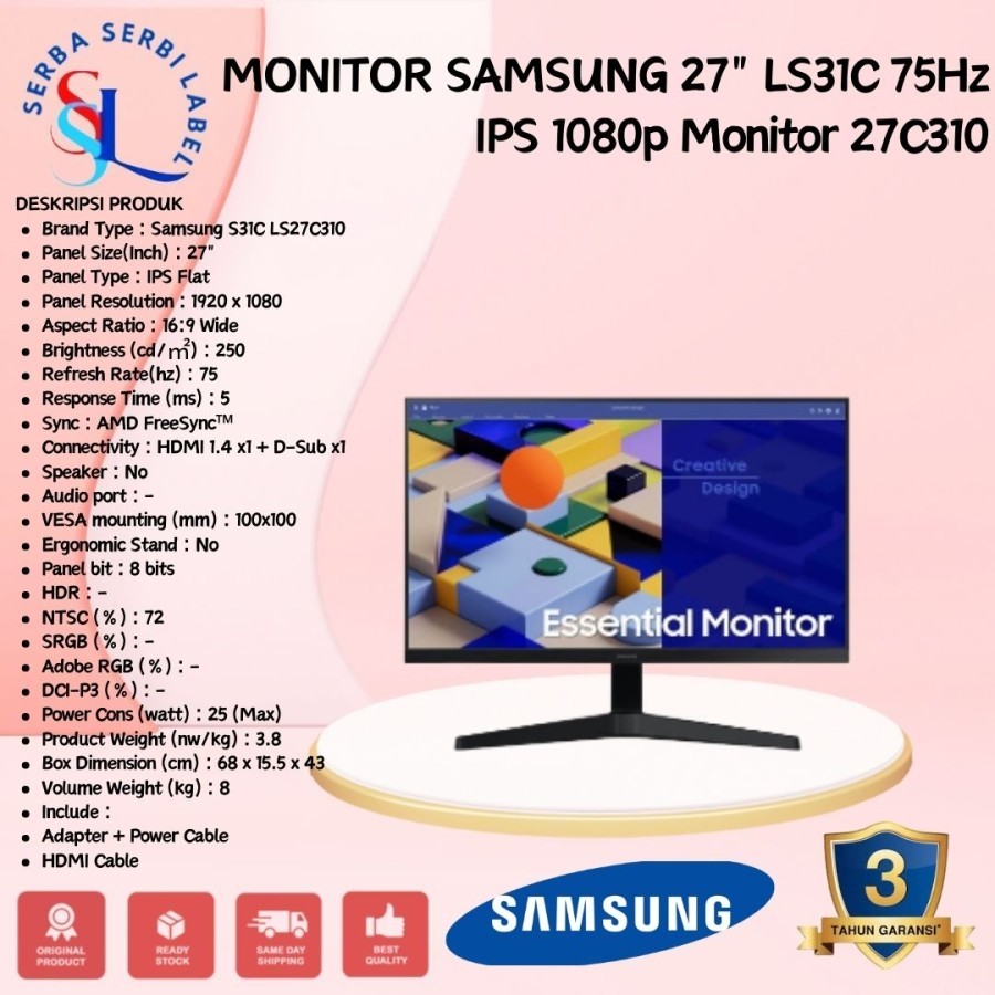 Jual Monitor Samsung S31C 27" inch LS27C310 75Hz FHD IPS Bezelless ...