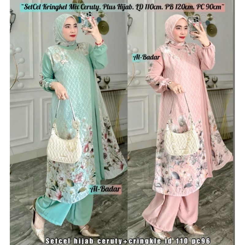 Jual SETCEL LONG Tunik Ceruty Babydoll Premium Belah Samping Set Hijab ...