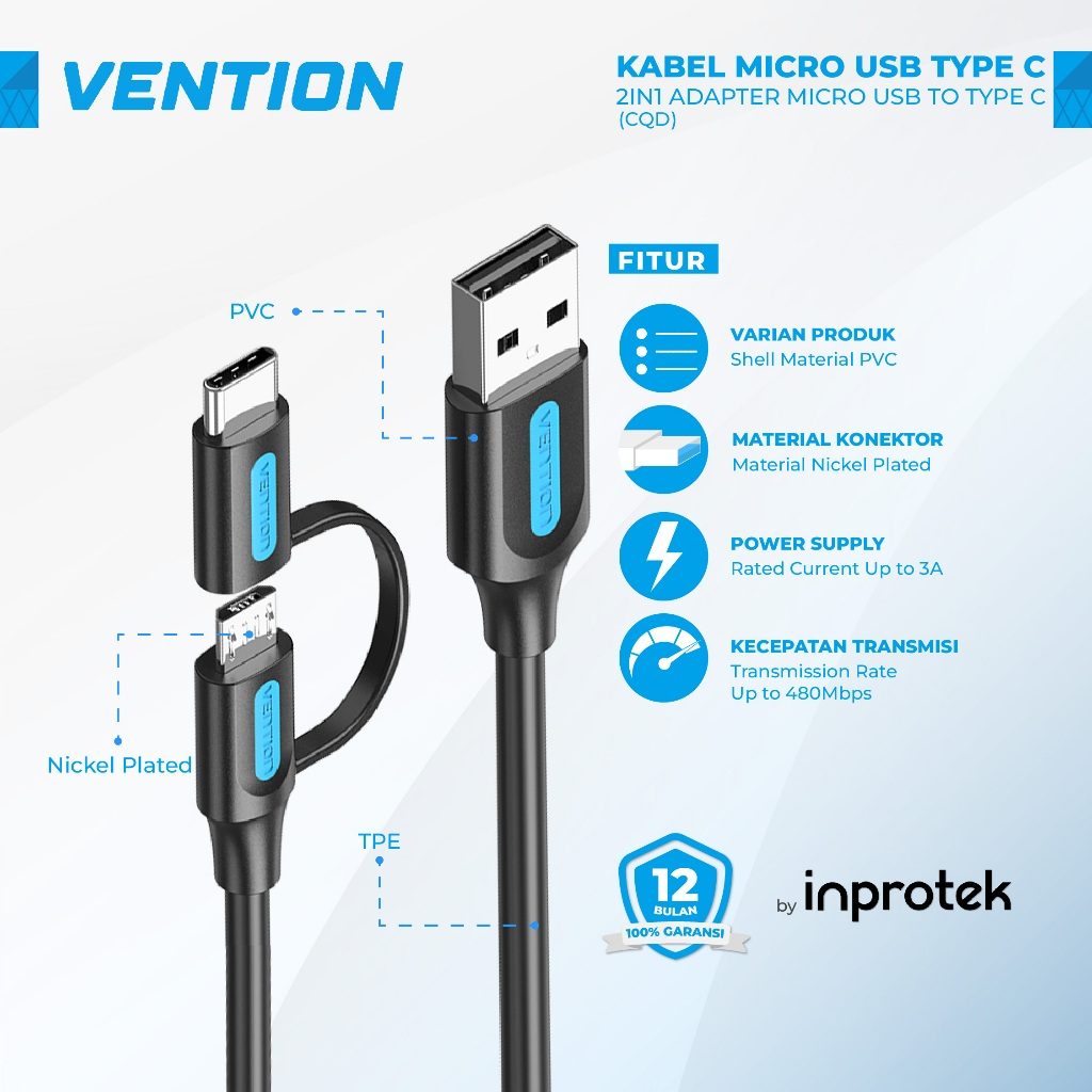Jual Vention Kabel Micro USB Type C 2in1 Adapter Micro USB to Type C ...