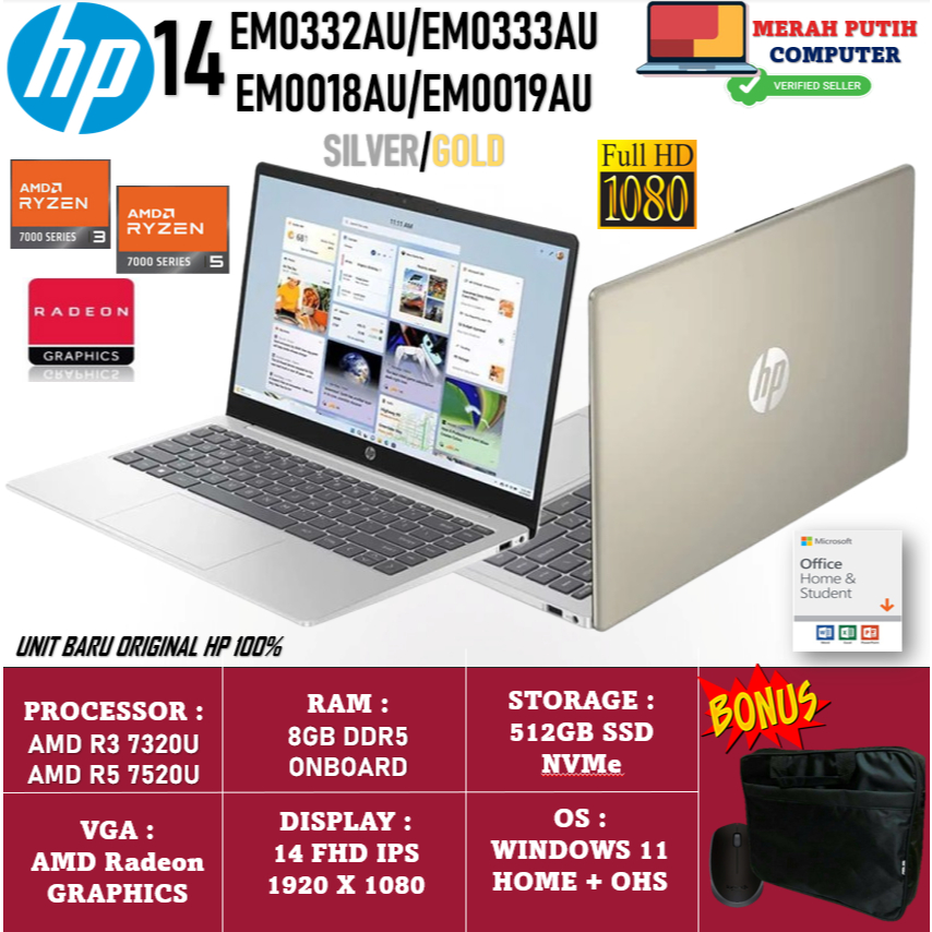Jual Laptop HP 14 EM0018AU/EM0019AU/EM0332AU/EM0333AU Ryzen Series 8GB ...