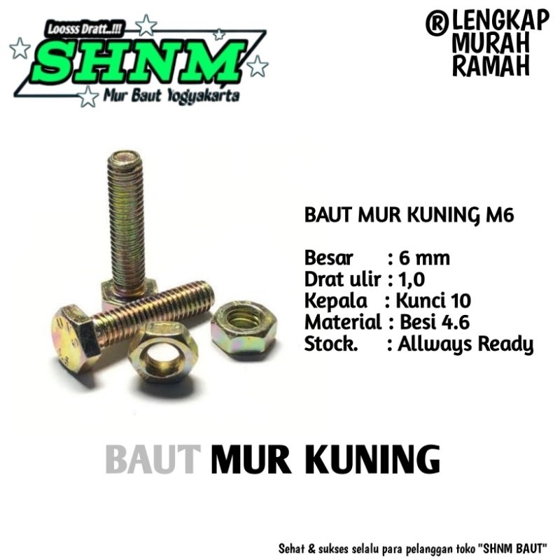 Jual Baut Mur Kuning M6 x 70 (7 cm) / Kunci 10 / Baut Kuning M6 / BMK / Baut Hex / Baut Hexagon ...