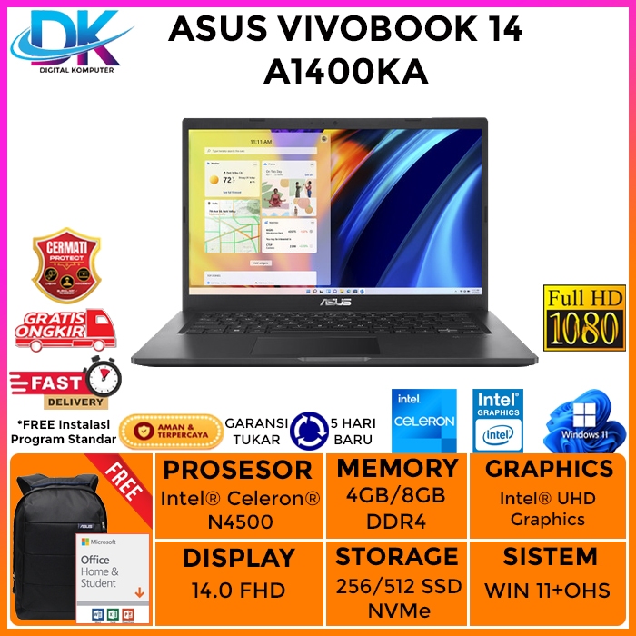 Jual ASUS VIVOBOOK 14 A1400KA N4500 RAM 8GB 256GB SSD WIN 11+OHS 14.0 ...