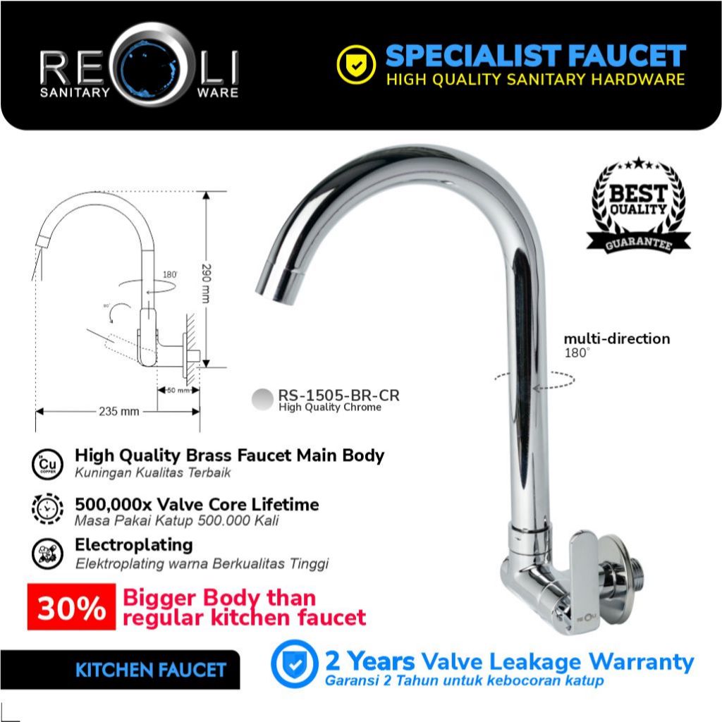 Jual REOLI Keran Dapur Angsa Sink Cuci Piring Tembok Kuningan 1505 ...
