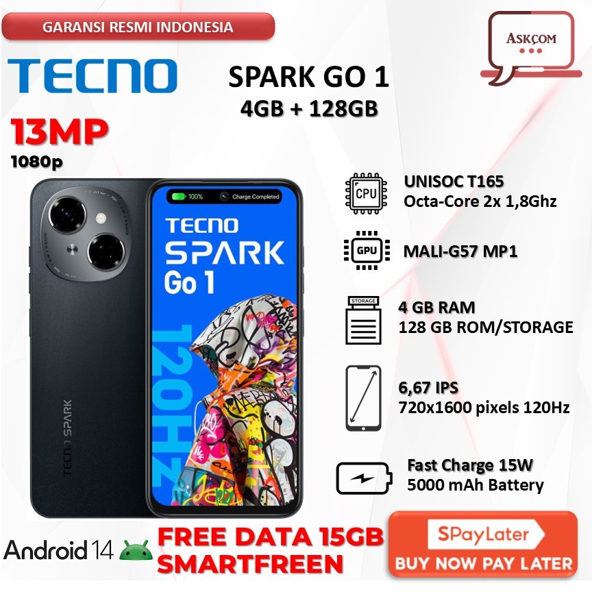 Jual TECNO SPARK GO 1 4GB 128GB UNISOC T615 ANDROID 14 5000 mAh 6,7inch 120Hz Black/White ...