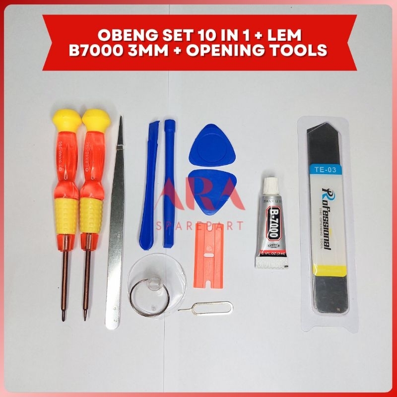 Jual OBENG SET HP 10 IN 1 + LEM B7000 3ml + PEMBUKA LCD TOUCHSCREEN OPENING TOOLS SERVIS HP ...