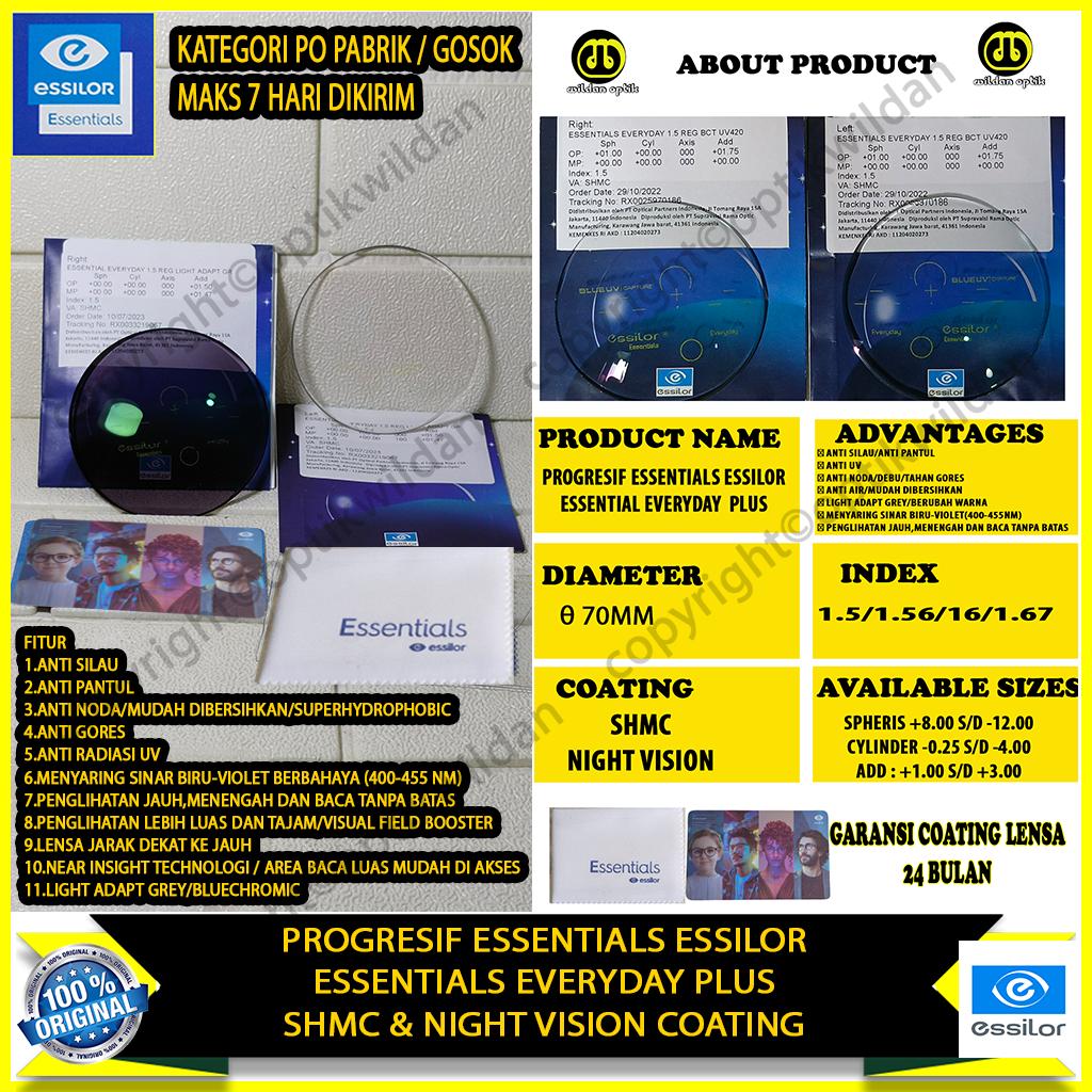Jual PROGRESIF ESSILOR ESSENTIALS EVERYDAY PLUS SHMC & NIGHT VISION ...