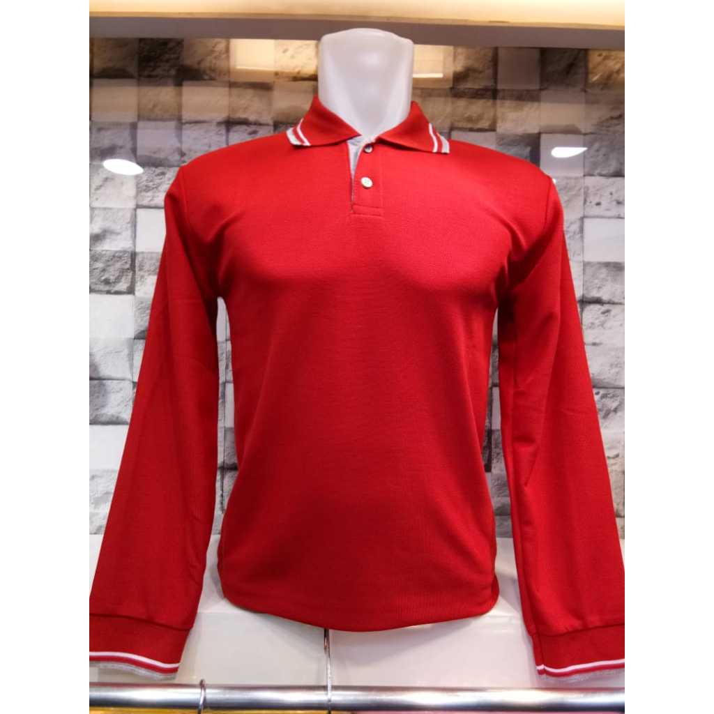 Jual kaos kerah wangki polo shirt lis lengan panjang warna merah ...