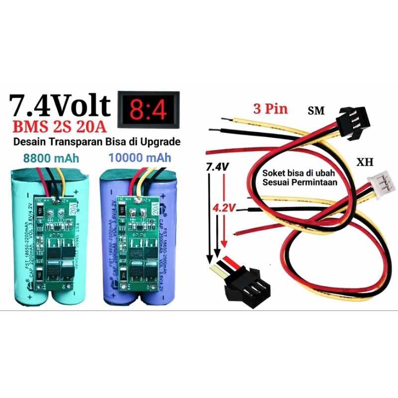 Jual Battery 7.4V BMS 2S 20A 8800/10000 mAh Soket XH/SM 3PIN | Shopee Indonesia