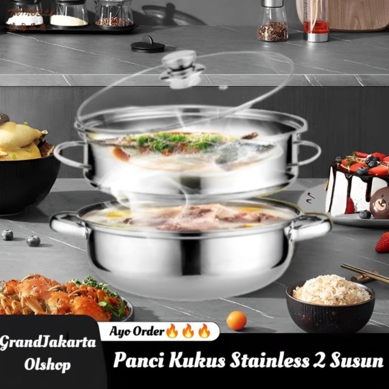 Jual [Panci Kukus 2 Susun] Steamer Steinles Tutup Kaca Panci Somay ...