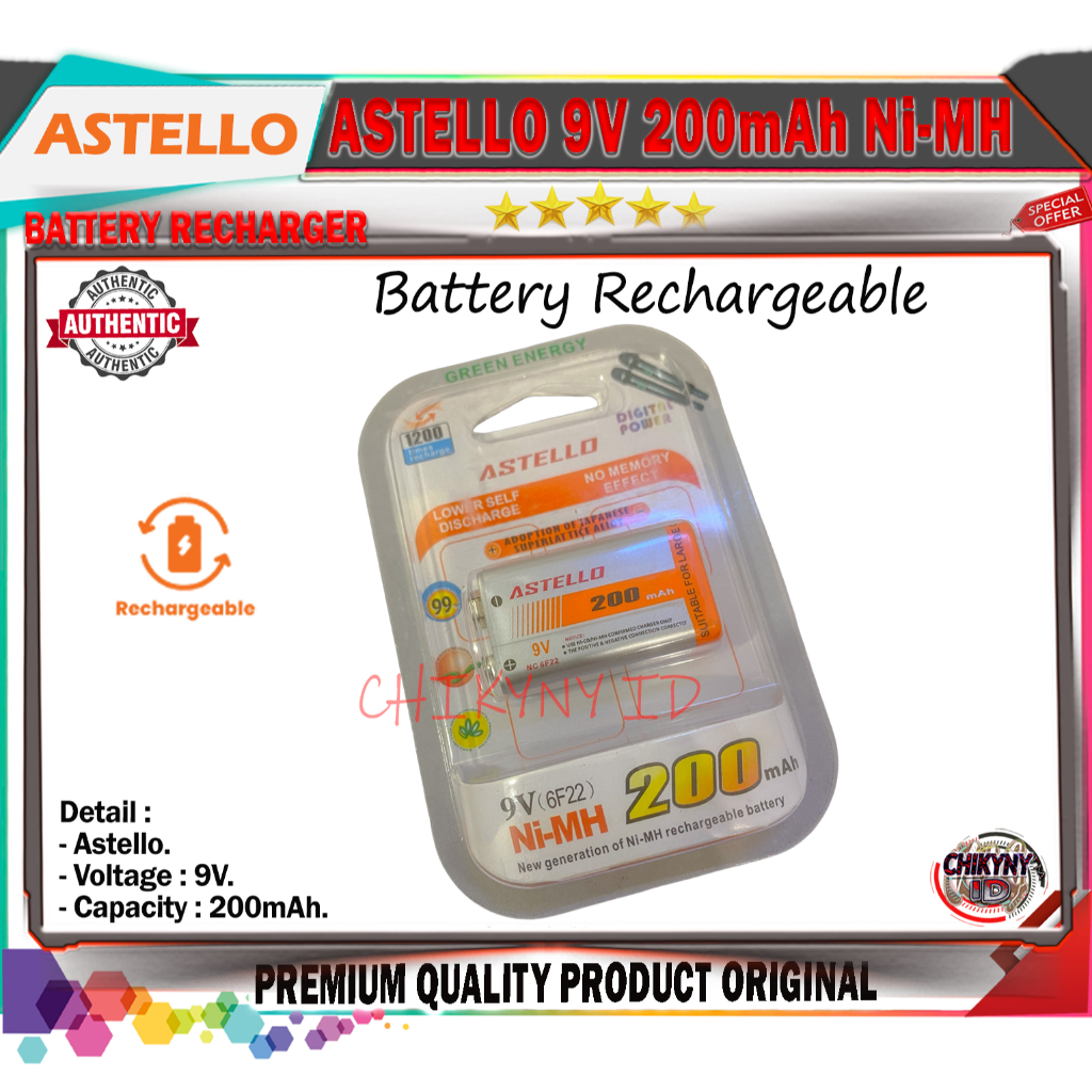 Jual BATERAI ASTELLO 9V 200mAh RECHARGEABLE BATTERY | Shopee Indonesia