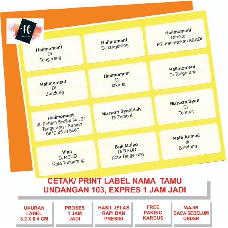 Jual CETAK LABEL NAMA UNDANGAN POLOS, 1 JAM JADI. FREE PARKING KARDUS ...