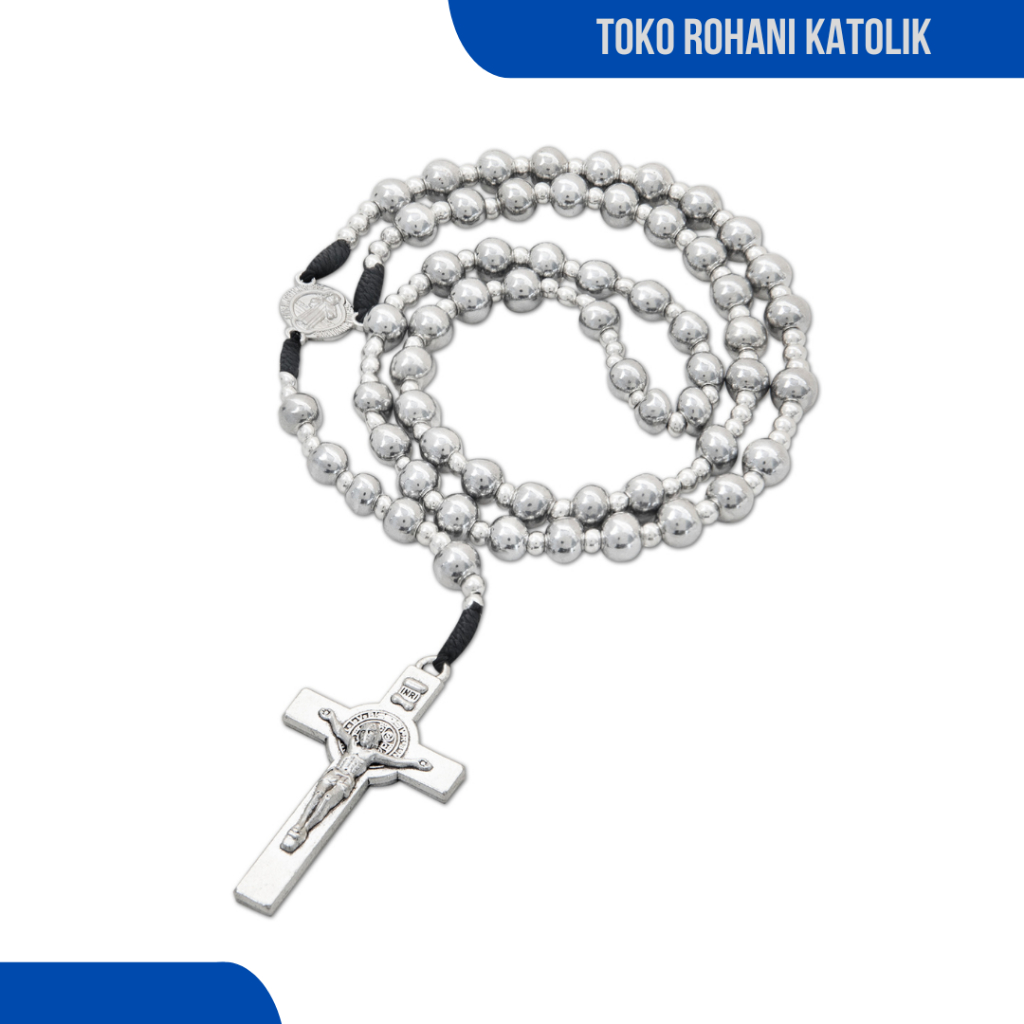 Jual ROSARIO BENEDIKTUS SILVER 8 MM / KALUNG ROSARIO BENEDICT KATOLIK / ROSARIO KATOLIK ASLI ...