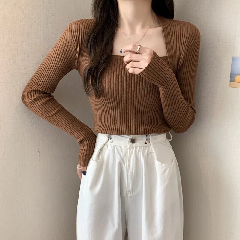 Jual Dicqstore~Atasan Rajut Lengan Panjang Wanita Square Neck Style Korea | Shopee Indonesia