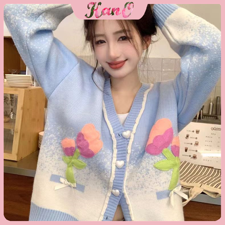 Jual KANO Cardigan Bunga Candy Lollipop Wol Santai V-Neck Polos ...