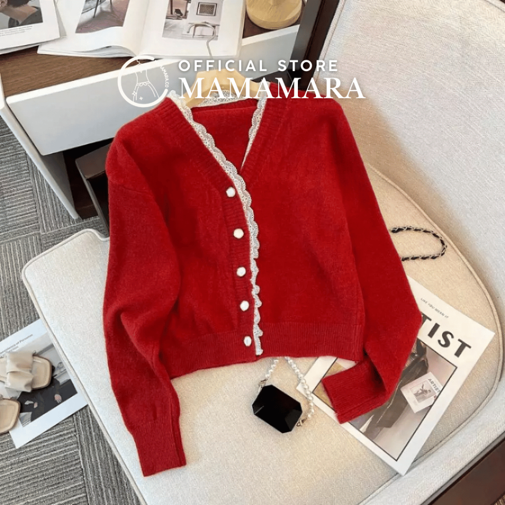 Jual MAMAMARA - Cardigan Wol Rajut Korean Style Simple Lace Santai V-Neck Polos Bunga Setrip ...