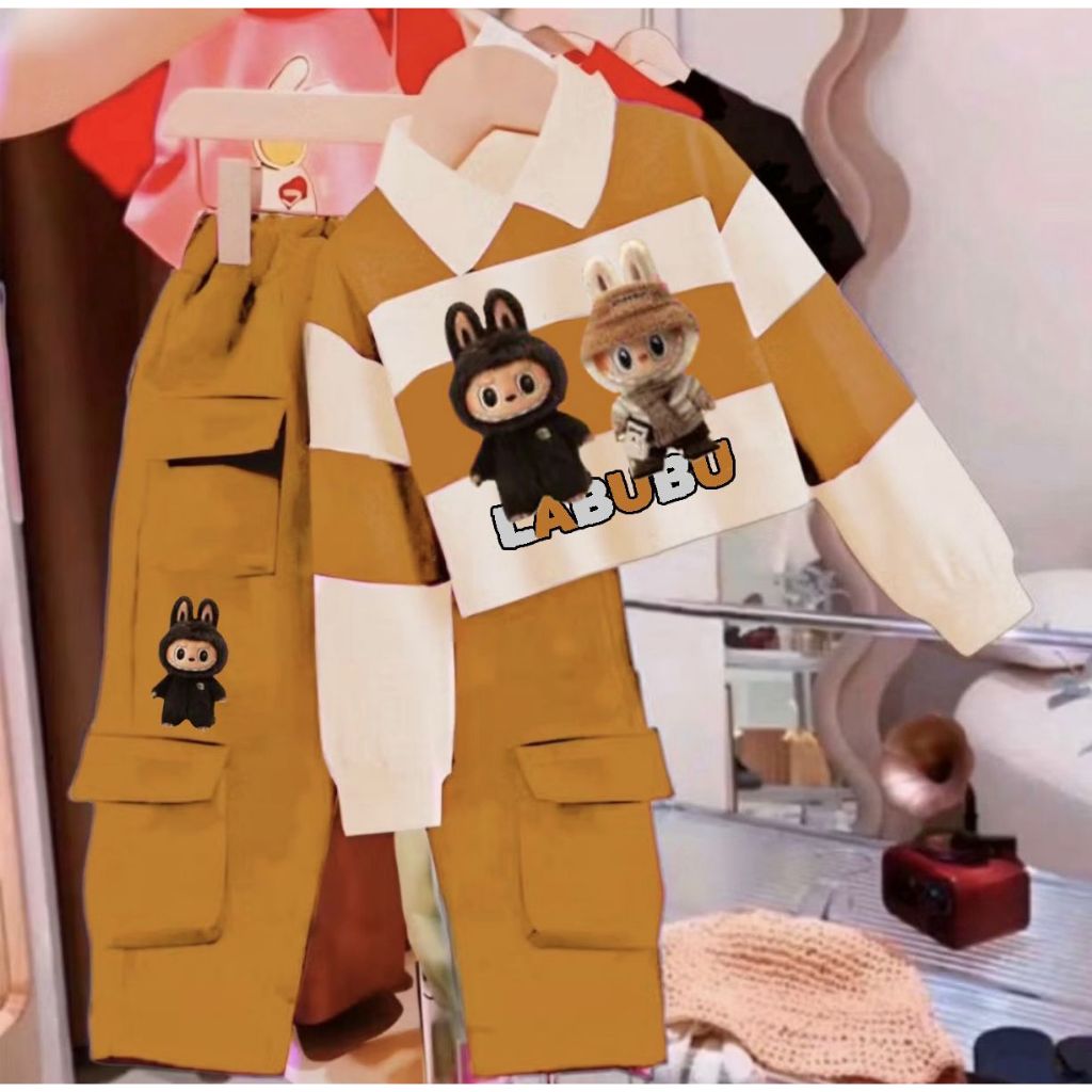 Jual One Set Crop Top Strip Kargo L4bubu Anak perempuan Dan Laki-laki setelan baju dan celana ...