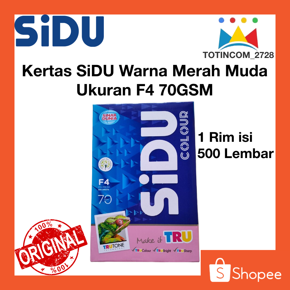 Jual Kertas HVS SiDU Berwarna Merah Muda F4 215 x 330 mm 70 GSM 1 Rim ...