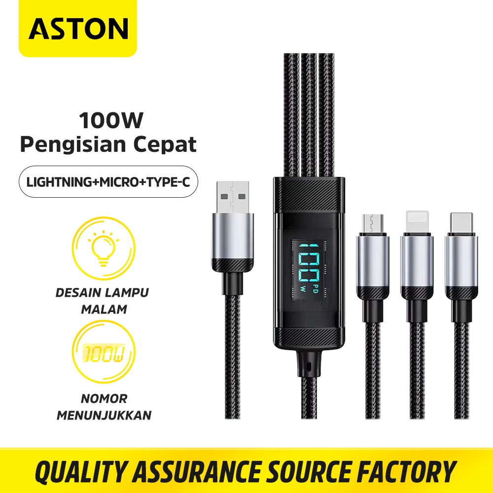 Jual ASTON 100W 3 in 1 Kabel Data Fast Charging USB to Type-C+Lightning ...