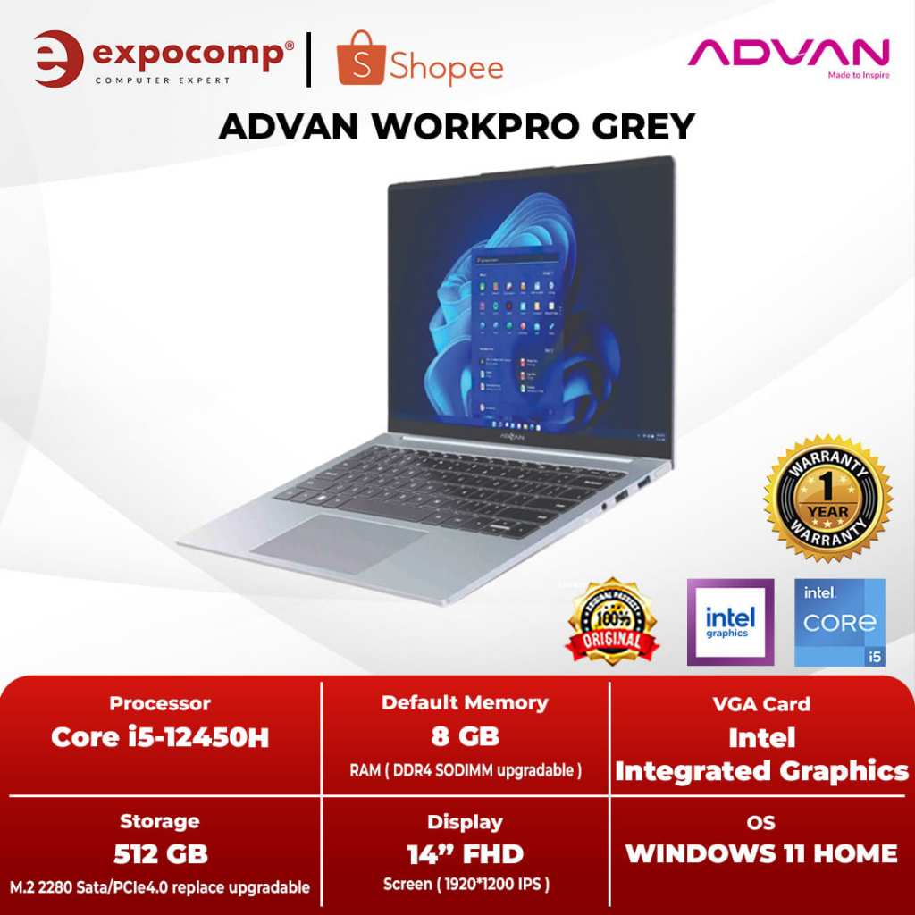 Jual LAPTOP ADVAN WORKPRO GREY CORE i5-12450H 8GB 512GB WIN 11 | Shopee ...