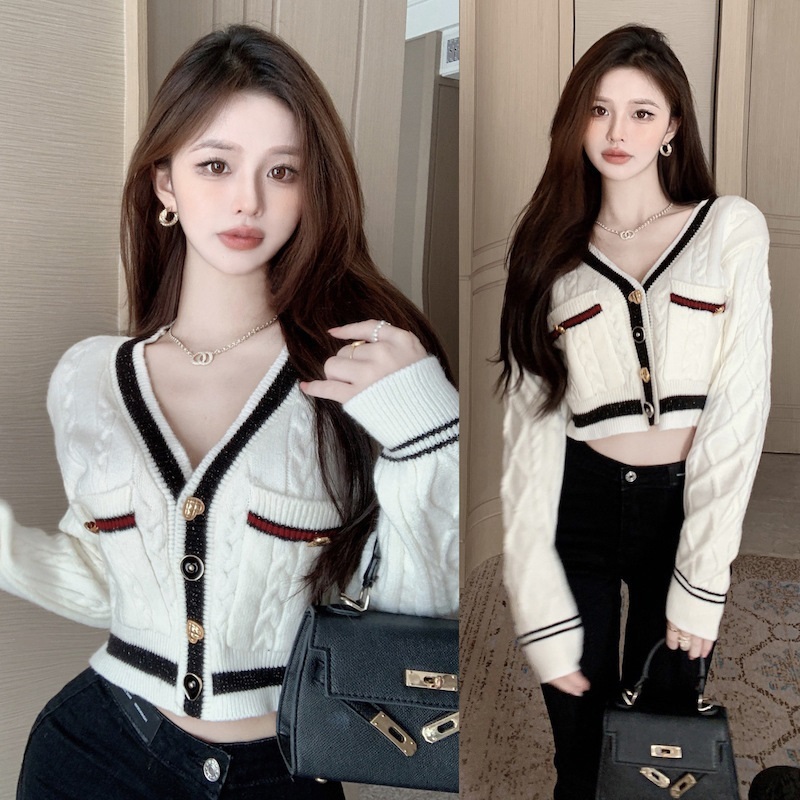 Jual AJW Cardigan Wanita Mixeds Buttons Contrast Knitting Stitches Premium WDC | Cardigan Crop ...