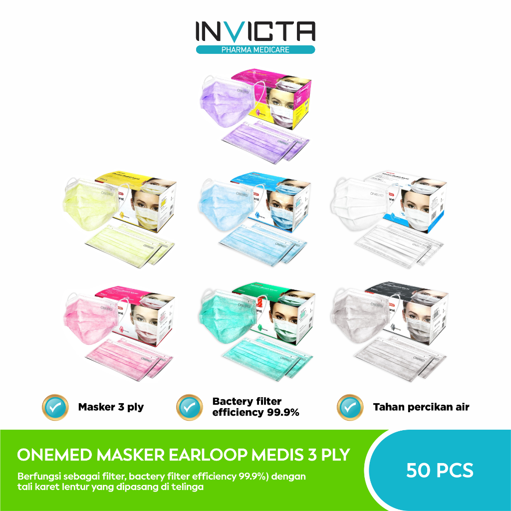 Jual Onemed Masker Earloop Medis 3Ply - Isi 50 PCS (Biru, Putih, Abu ...
