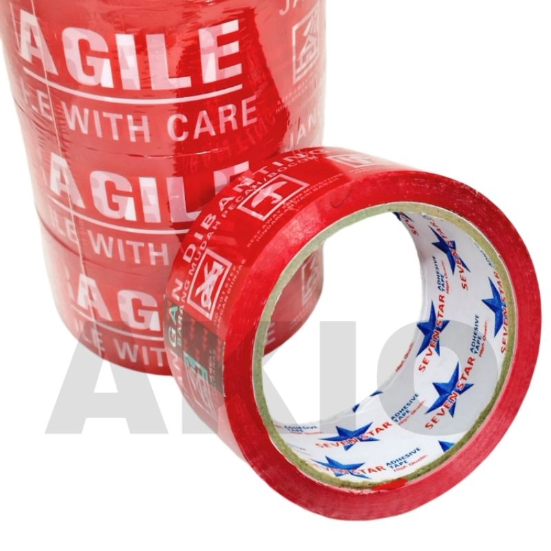 Jual Lakban Fragile SEVEN STAR Warna MERAH Jangan Dibanting 48 mm 50 ...