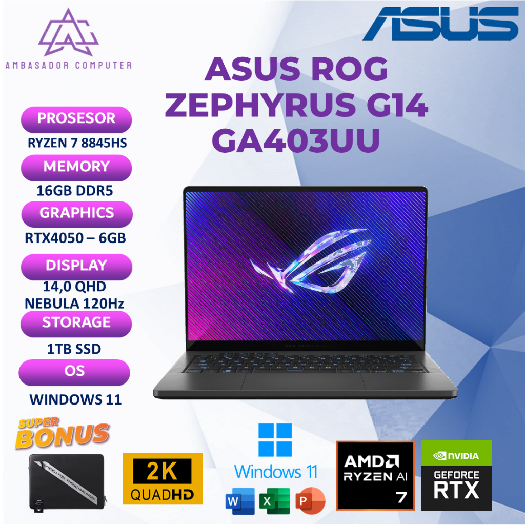 Jual Asus ROG Zephyrus G14 OLED GA403UU Ryzen 7 8845HS RTX4050 6GB 16GB ...