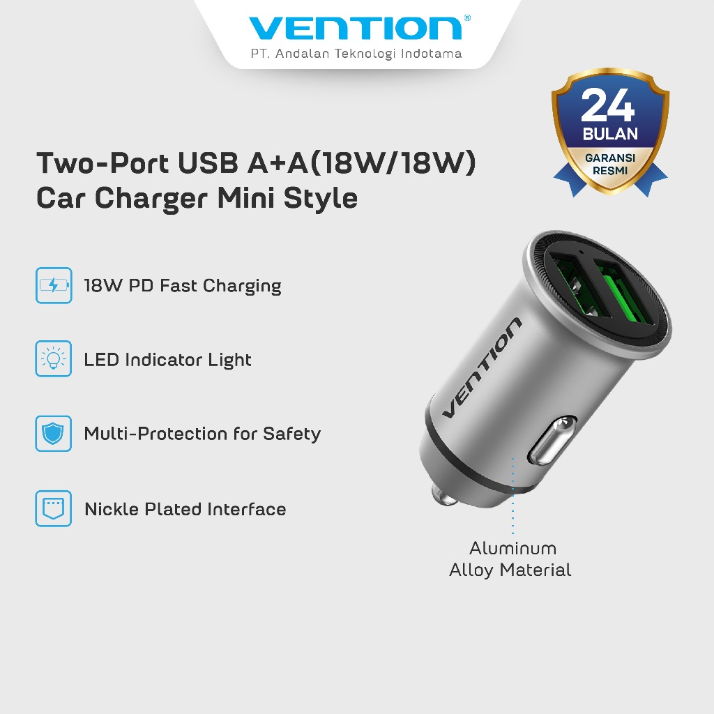 Jual Vention Car Charger Mini Dual Port USB A 18W Fast Charging - FFA ...