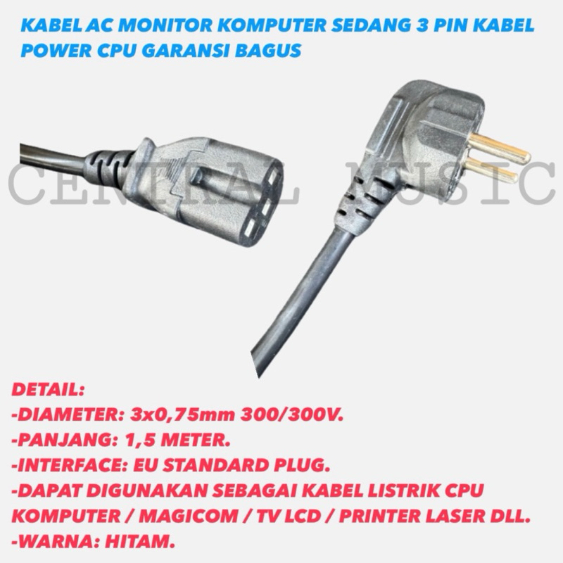 Jual KABEL AC MONITOR KOMPUTER 3 PIN KABEL POWER CPU GARANSI BAGUS ...